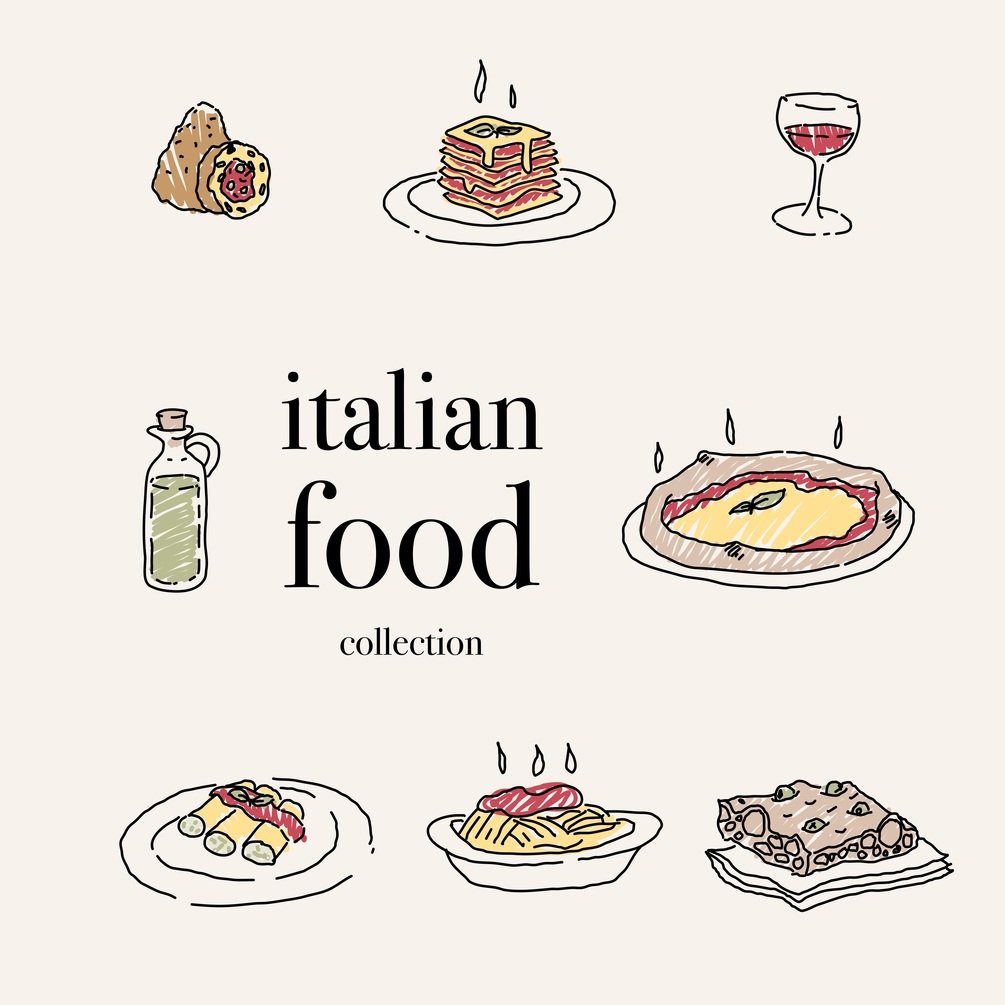 Free vector line art food collection with delicious pasta, pizza, olive ...