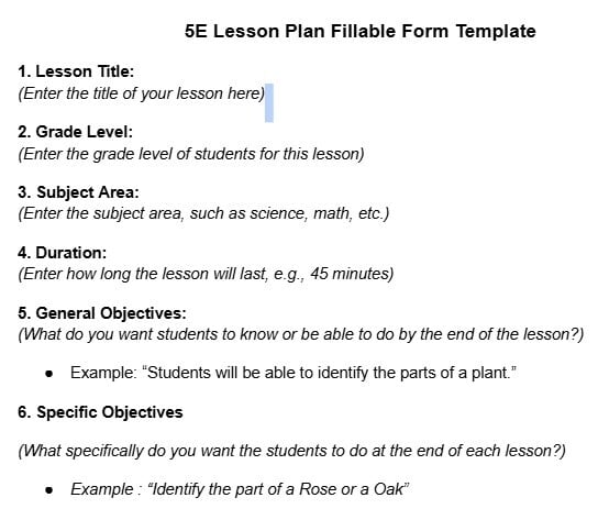 5E lesson plan fillable form