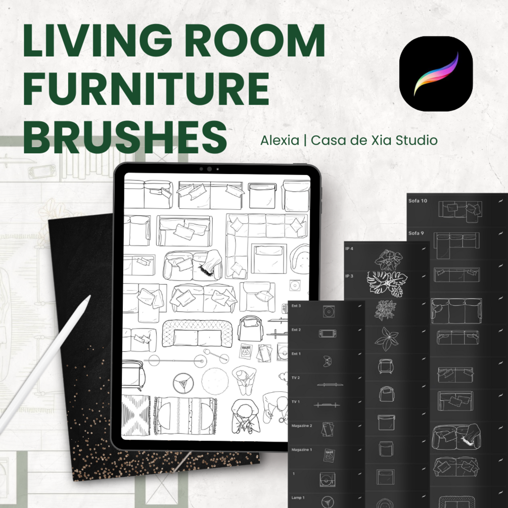 LIVING ROOM FURNITURE Brushes | Procreate Brush Set | Floor Plan ...