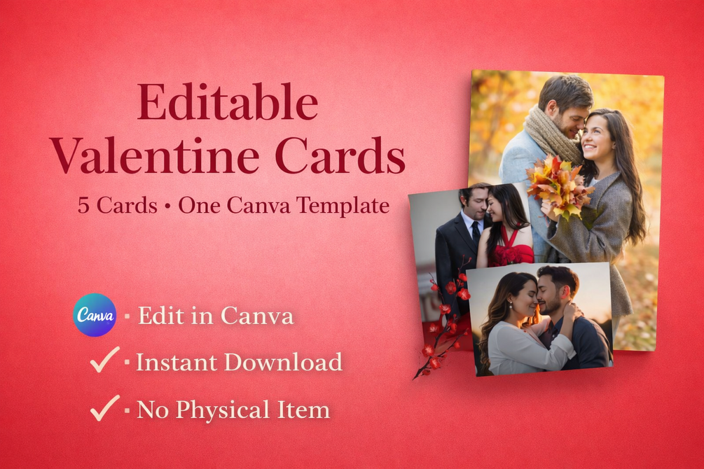 Editable Valentine Photo Cards | Canva PRO Template | 5 Valentine Cards ...