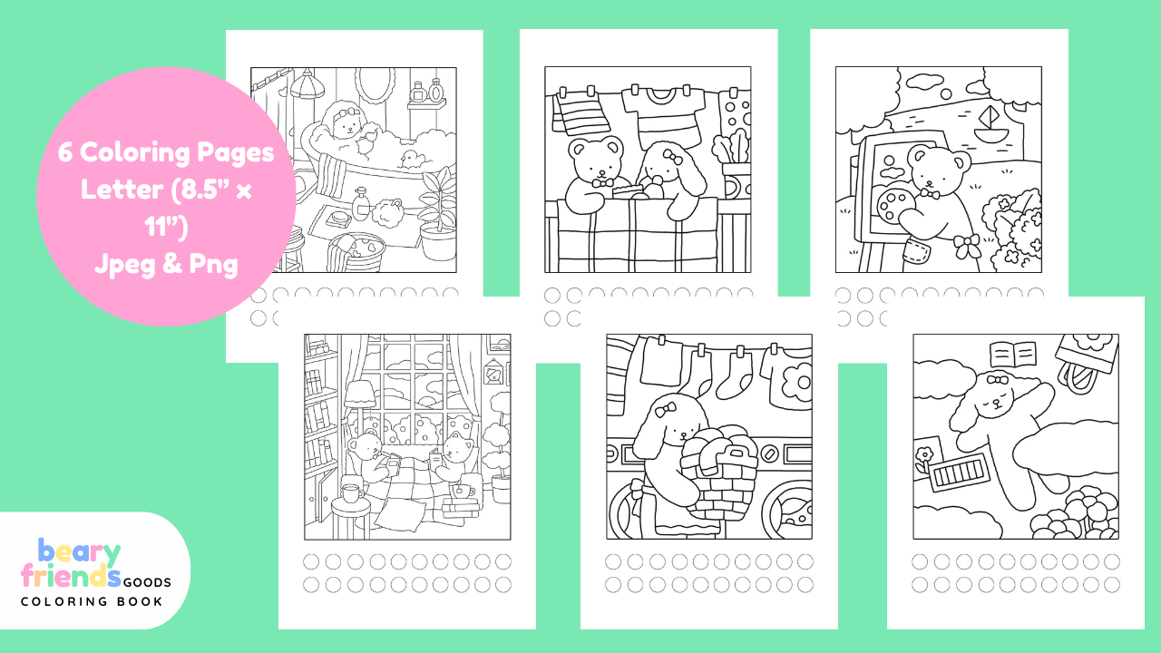 Set 6 Printable Coloring Page 'Weekend Fun' - Beary Friends Goods