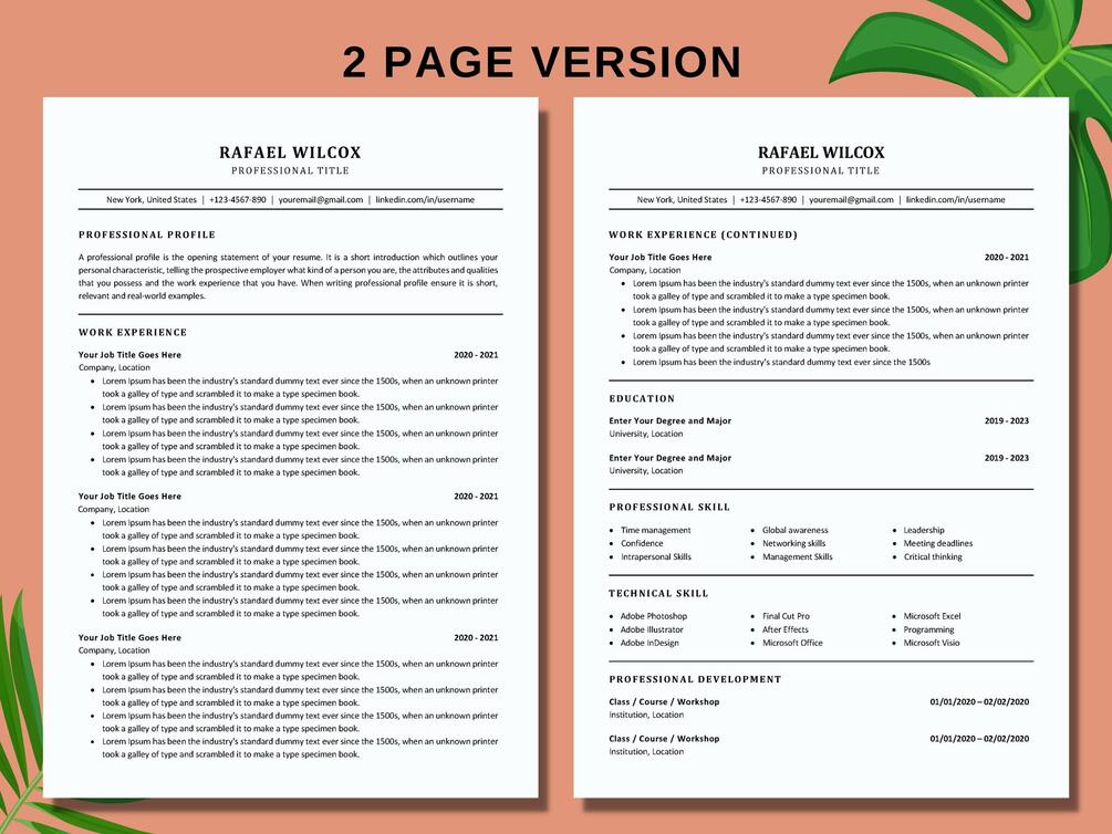 ATS Friendly Resume Template for Word & Google Docs | Resume 2 Pages ...