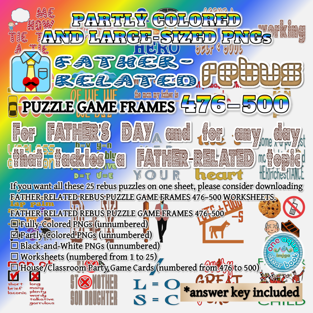 Partly Colored FATHER-RELATED Rebus Puzzle Game Frames 476–500 PNGs