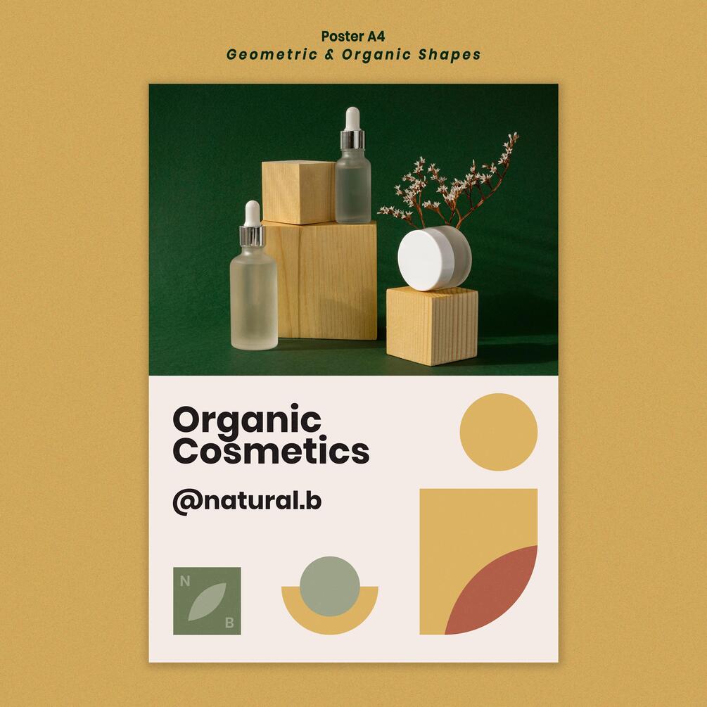 Vertical poster template essential oil bottle podium with geometric shapes