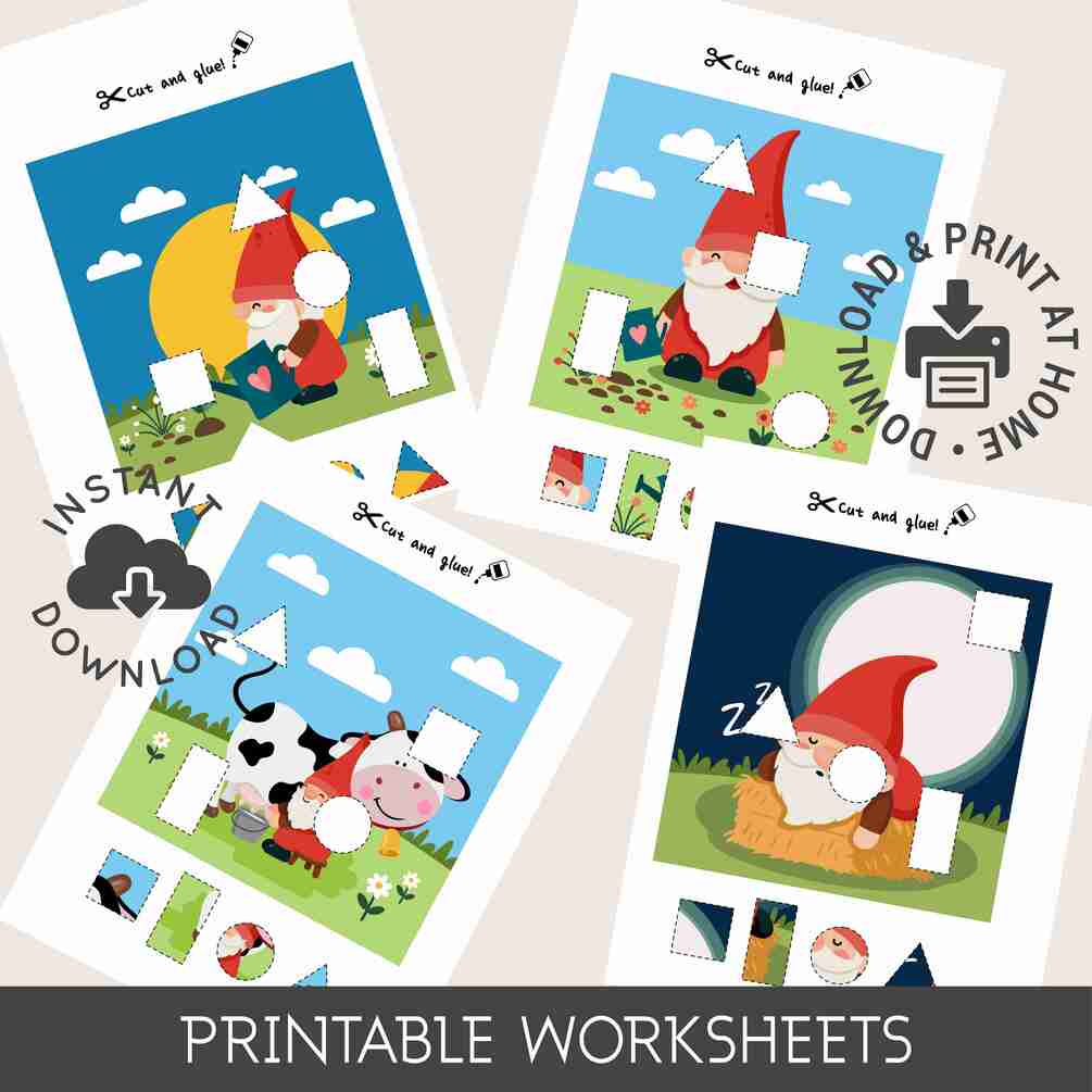 Printable Worksheets | Four Adorable Pages for Cutting and Glue | Shape ...