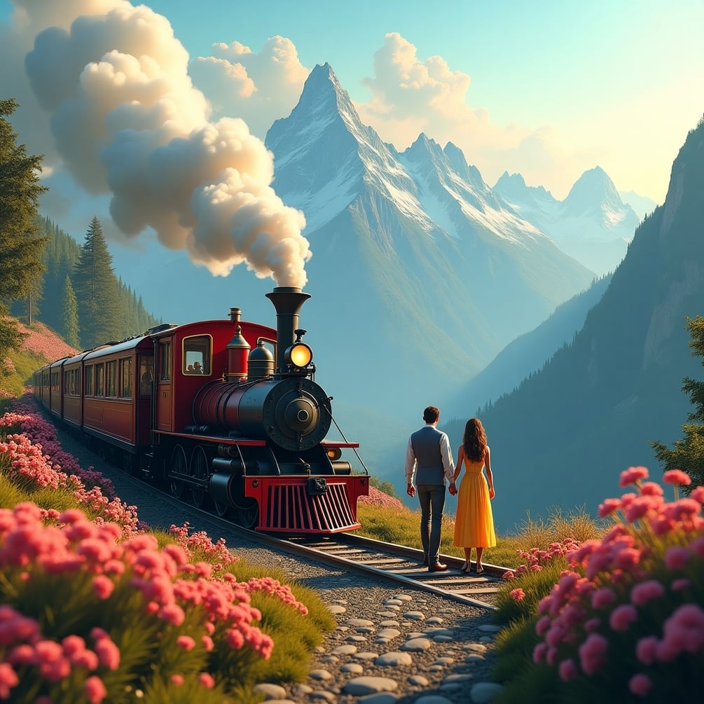 Journey of Love: Vintage Train Ride Through Flower Mountain with Couple