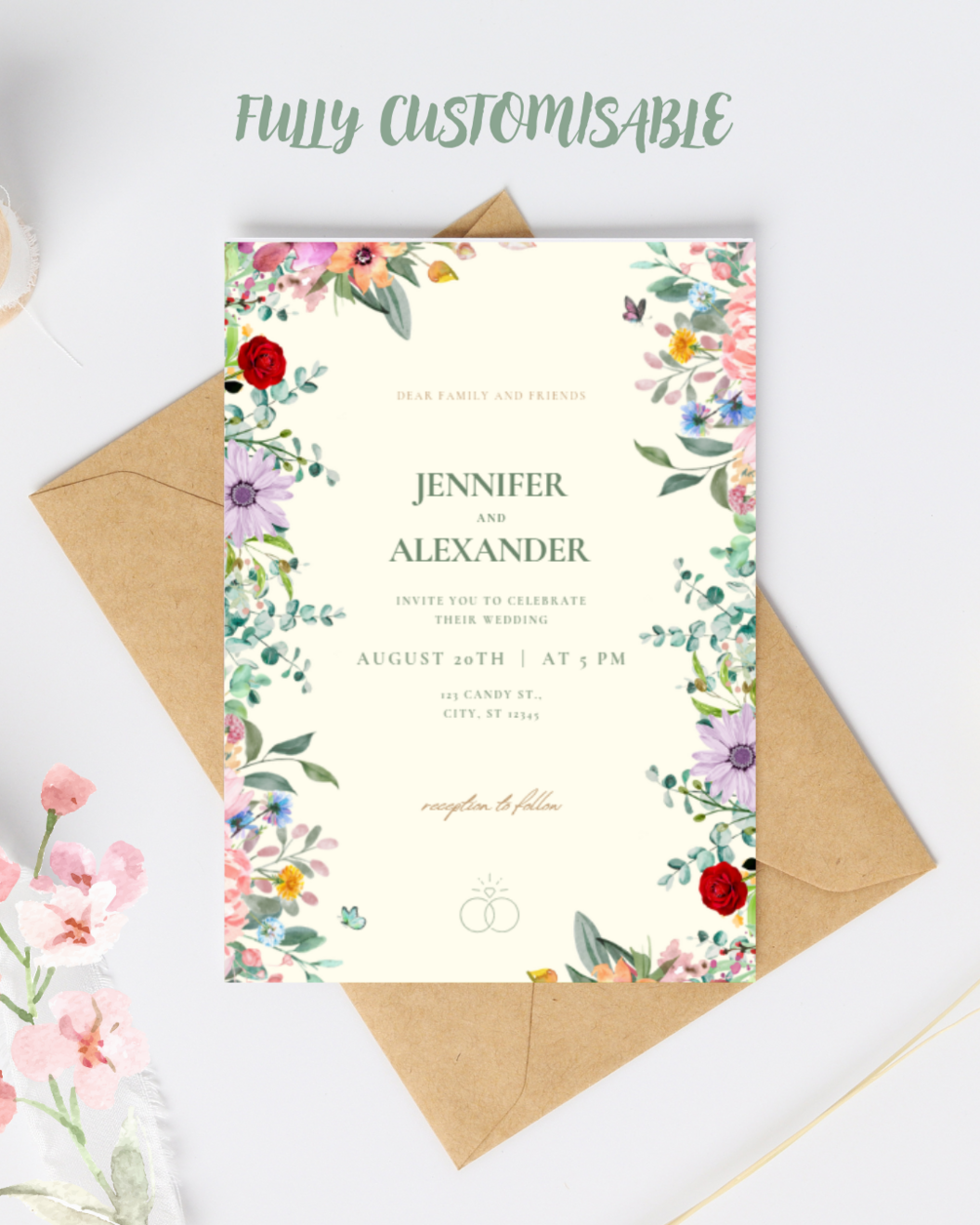 Wildflower Wedding Invitation Template, Printable Boho Floral Template ...