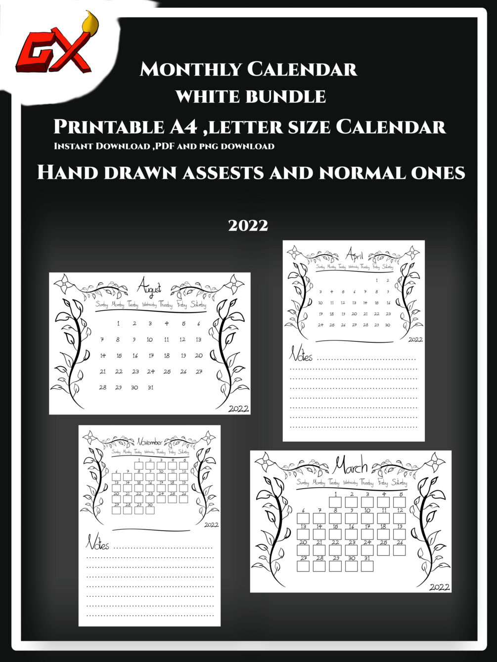 2022-2023 Calendar bundle ,Minimalist design ,Simple ,Flowers ,Monthly ...