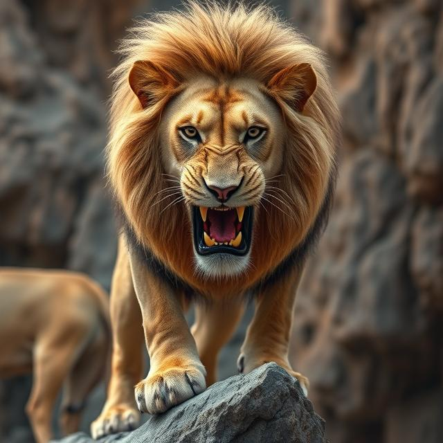 "A ferocious lion with a thick golden mane, standing on a rocky cliff ...