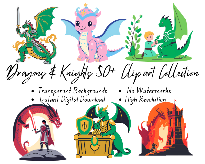 Dragons & Knights 50+ Clipart Collection | High-Resolution Digital ...