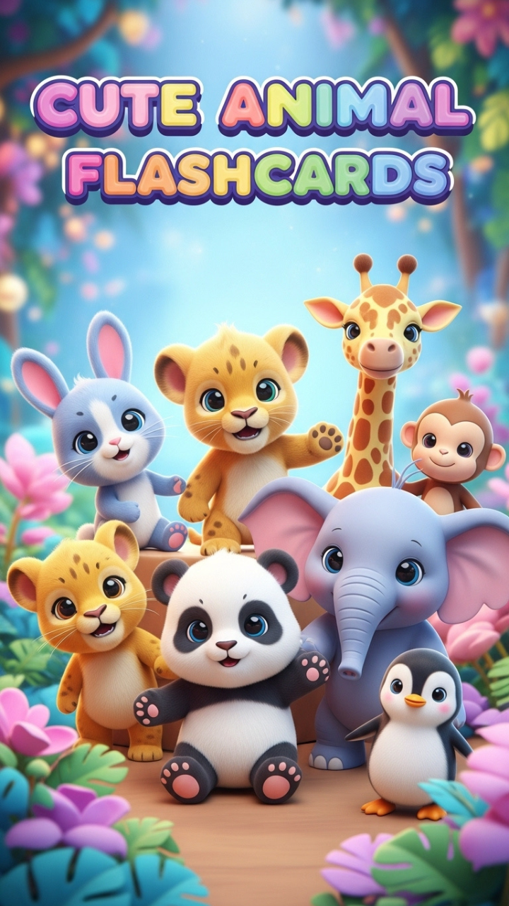 Kawaii Jungle Flashcards – 30 Colorful 3D Animal Cards for Fun Learning