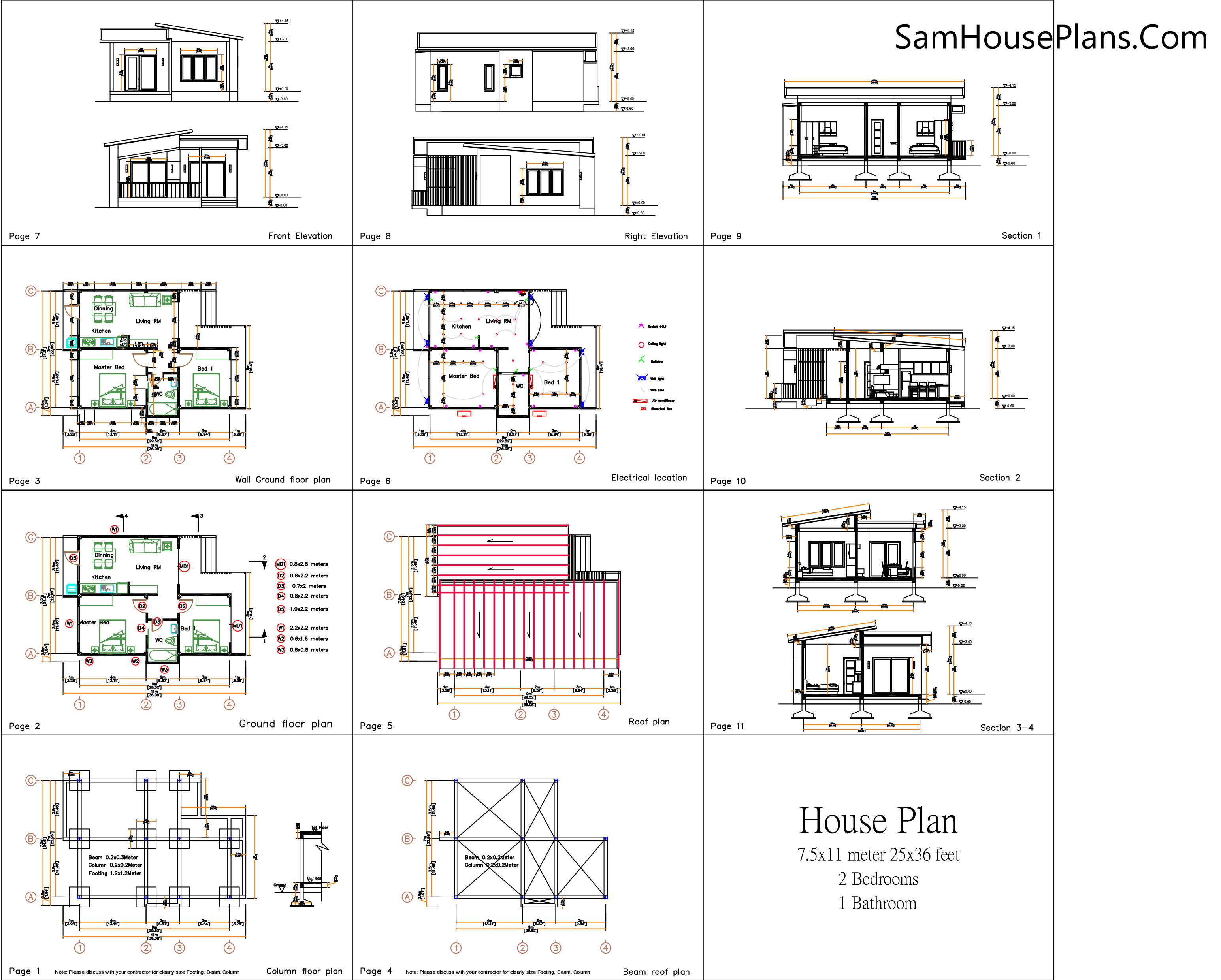 25x36 Small House Design 7.5x11M with 2 Bedrooms Pdf Full Plan