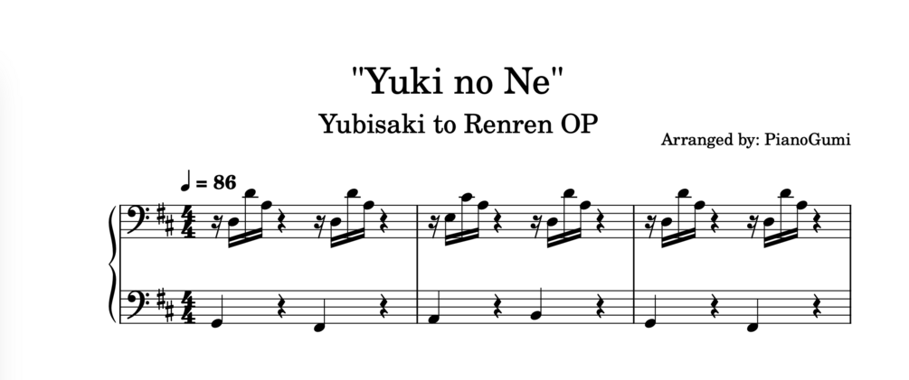 Yubisaki to Renren OP - "Yuki no Ne" - EASY Piano Sheet Music