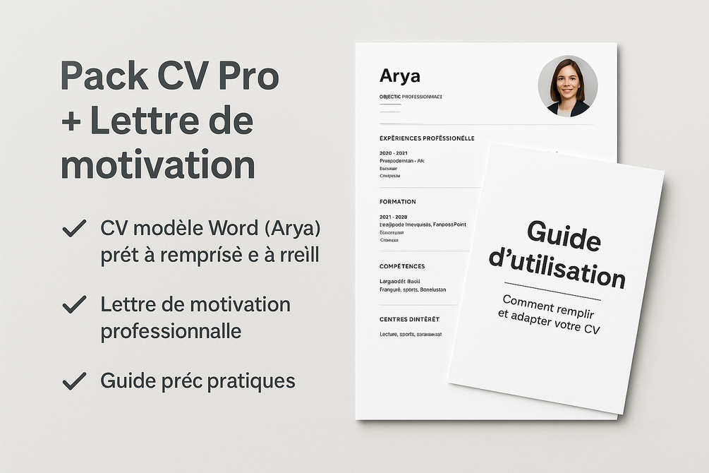 Pack CV Pro + Lettre de Motivation – Modèle Word + Guide