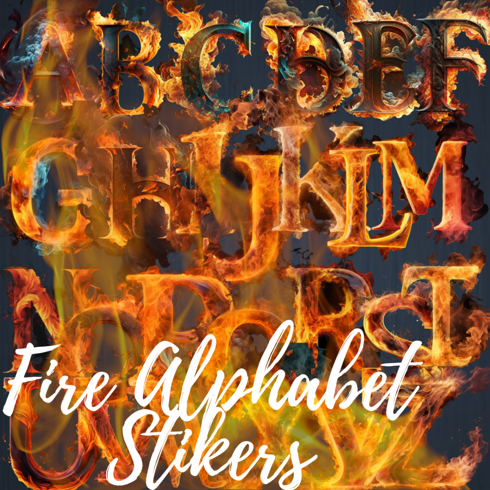 Fire Alphabet Stickers, Digital Art, Clipart, Arts and Crafts
