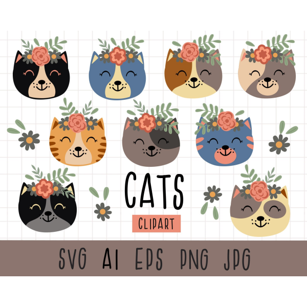 Cat Bundle SVG, Cat svg, Kitty svg, Flowers svg, Cute Cat SVG file, Cat ...