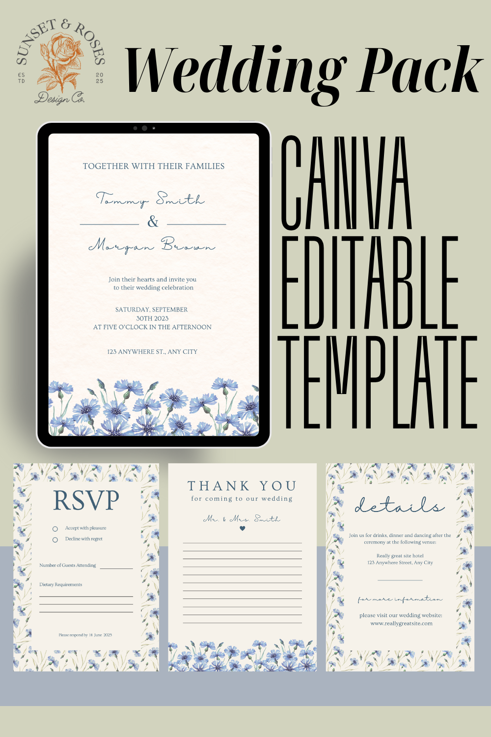💙 Simple Blue Accent Cornflower Wedding Invitation Pack — Canva Editable