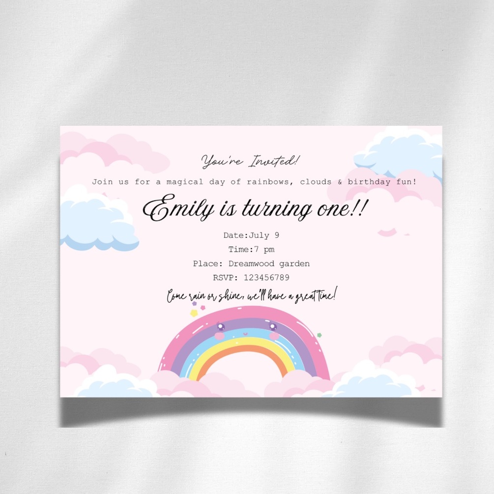 Rainbow themed birthday invitation card