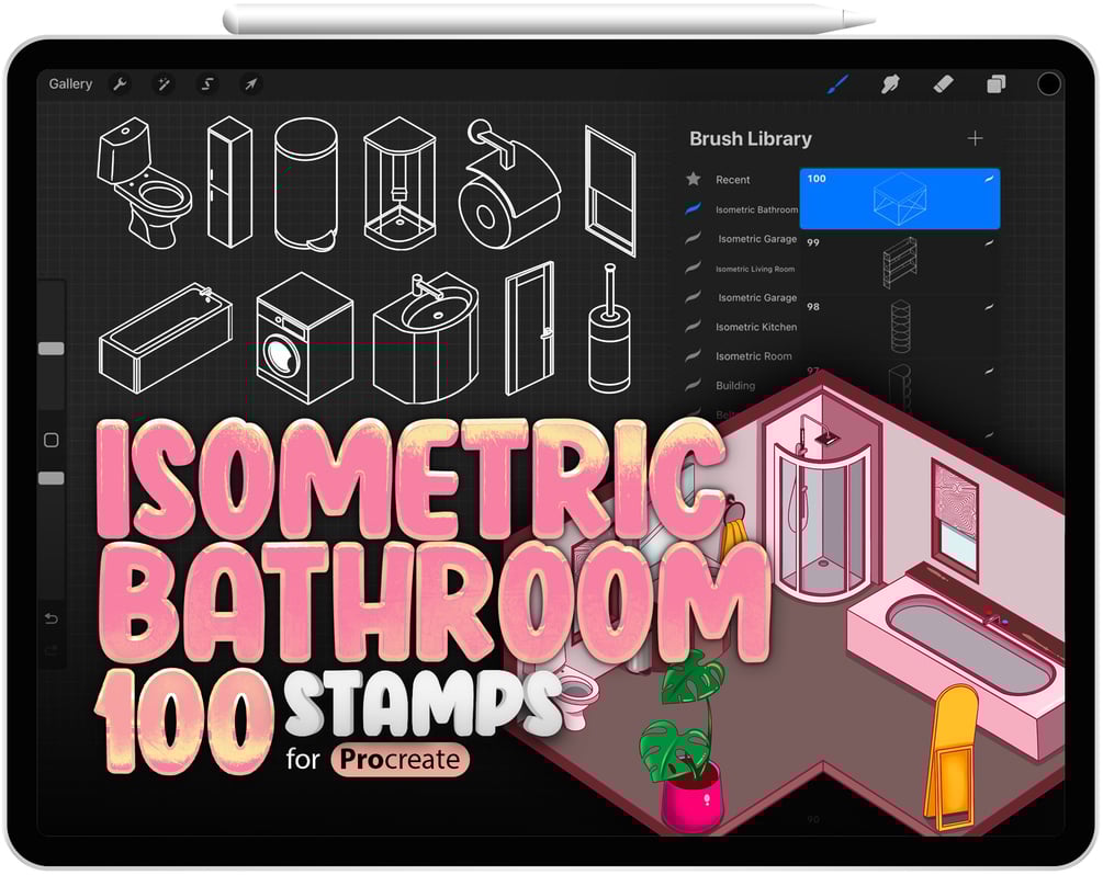 100 Bathroom Isometric Stamp Brush Collection for Procreate