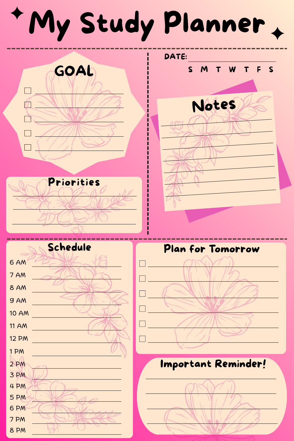 Cute Pink Study Planner Printable | Daily Student Planner (PDF)