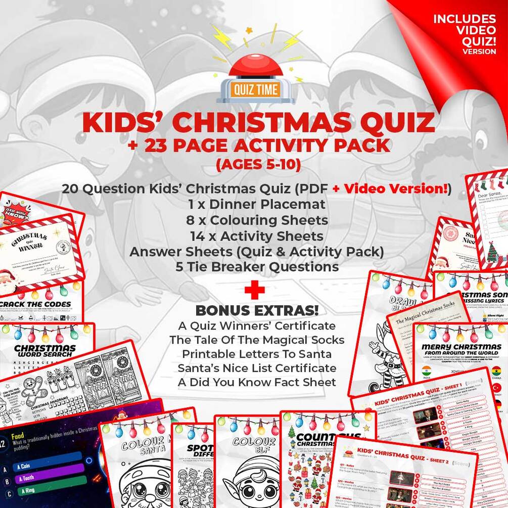 Kid's Christmas Quiz (PDF + VIDEO!) & 23 Page Activity Pack