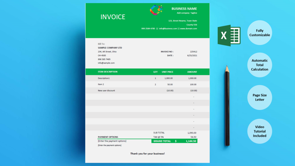 Elegant Excel Invoice Template - Green