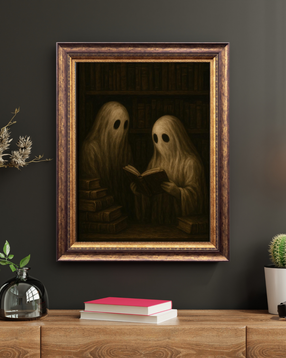 Two cute ghosts in a library print, romantic dark academia, moody ...