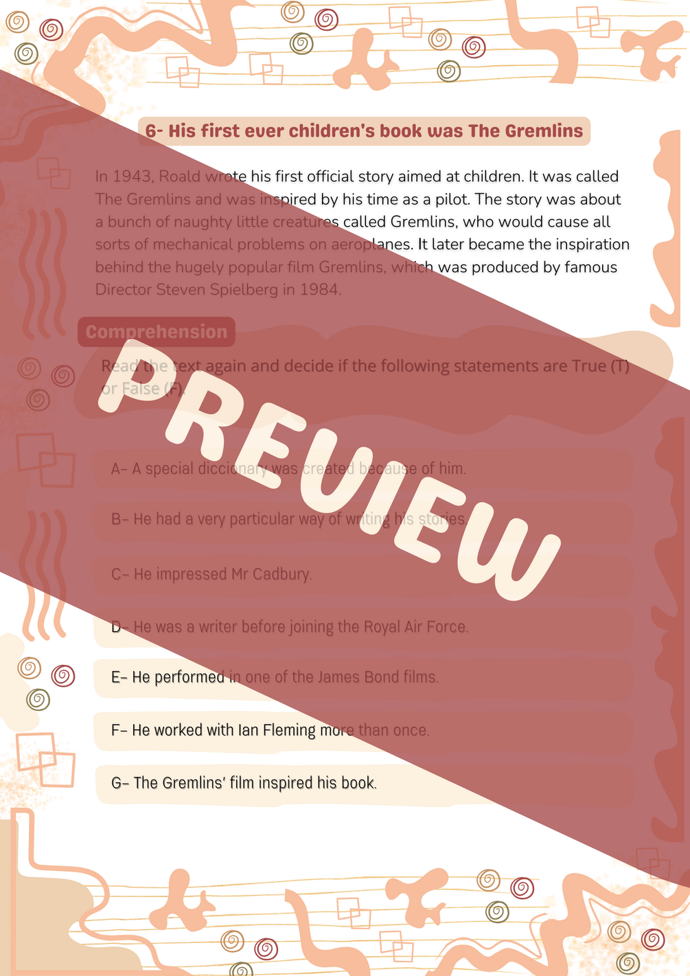 Six interesting facts about Roald Dahl- Lesson with keys