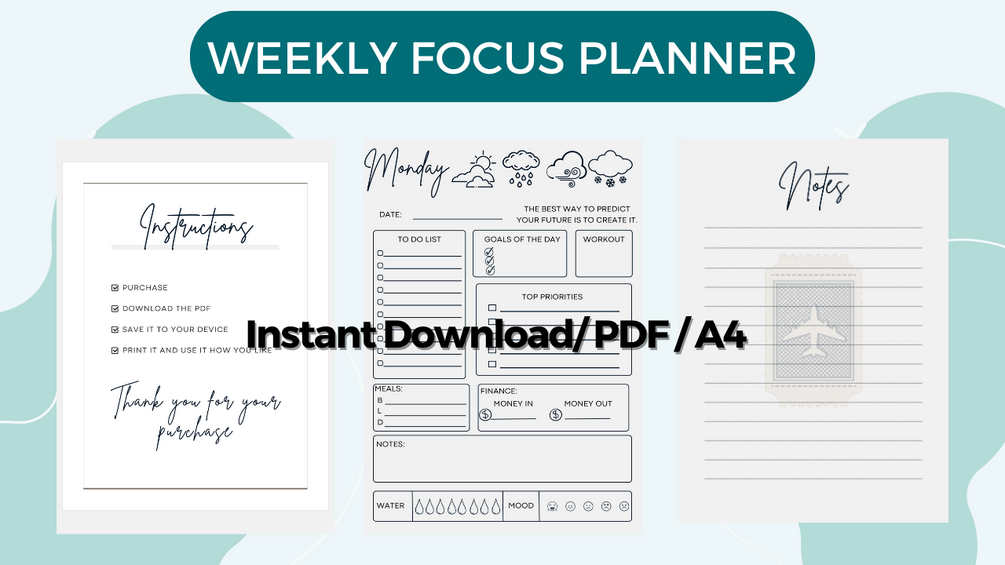 Weekly Focus Planner- Monday to Sunday| Printable and Digital Product