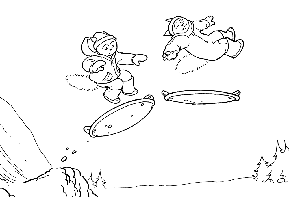 Coloring page - Cats sliding in the snow