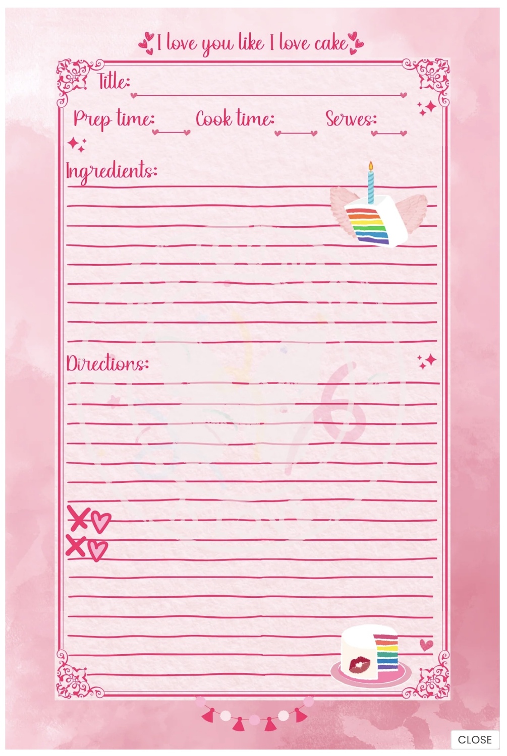 I love you like I love cake recipe card