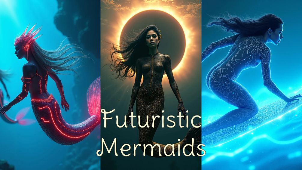 15 Futuristic Mermaid Illustrations – AI-Generated Sci-Fi Art Collection