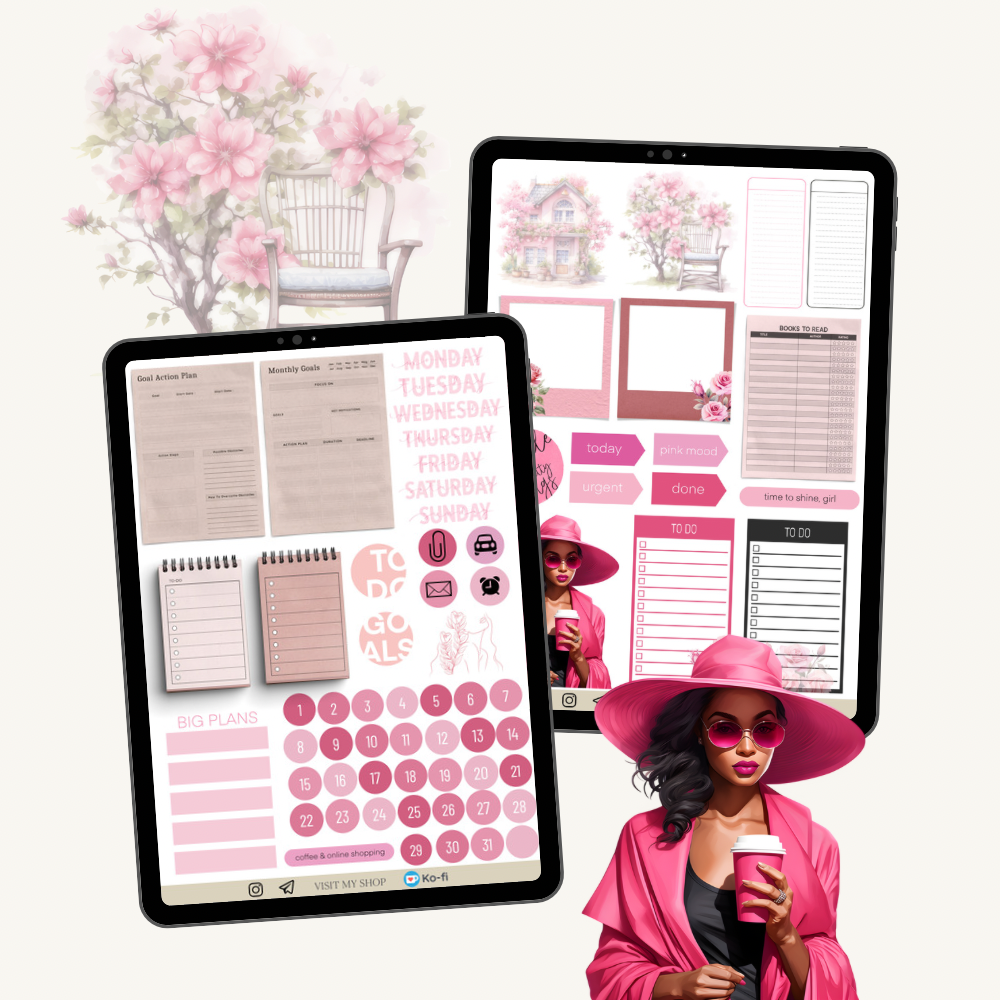 Pink Bookworm stickers, GoodNotes & PNG