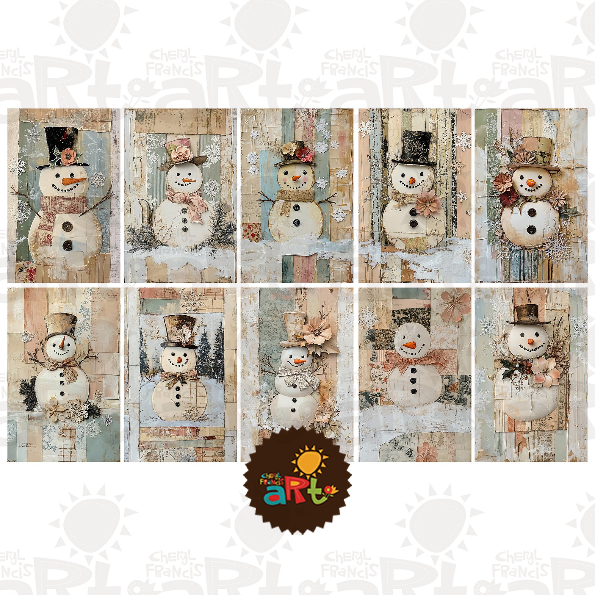 20 pc Shabby Chic Snowman Winter Art Craft Printable Junk Journal Half ...