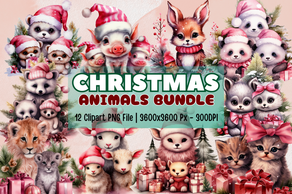 Watercolor Pink Baby Animals Christmas
