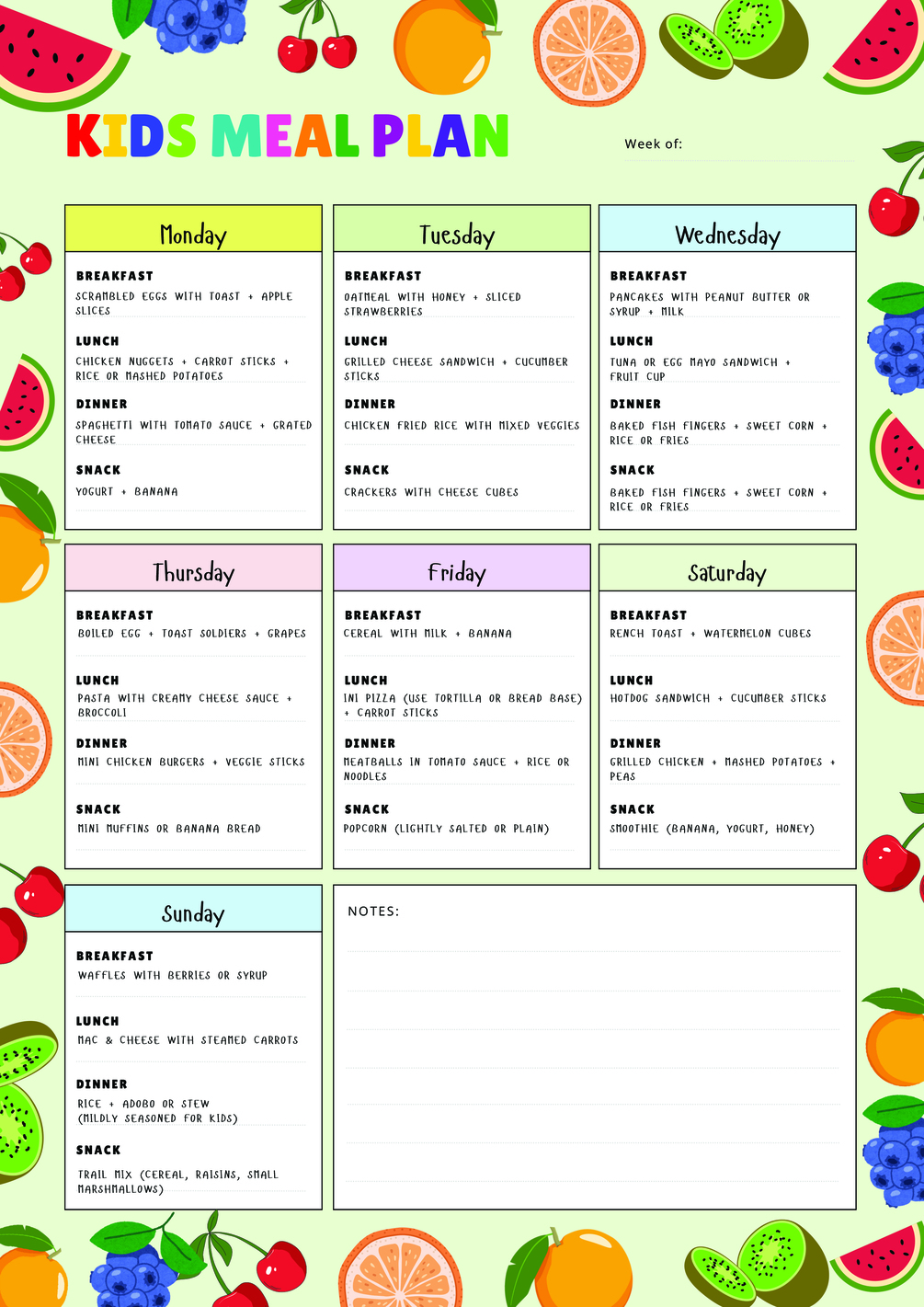 Kids Weekly Meal Plan