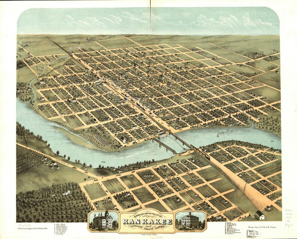Bird's eye view of the city of Kankakee, Kankakee County, Illinois 1869 ...