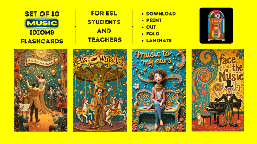 Set of 10 MUSIC-RELATED IDIOMS FLASHCARDS For ESL Students and Teachers