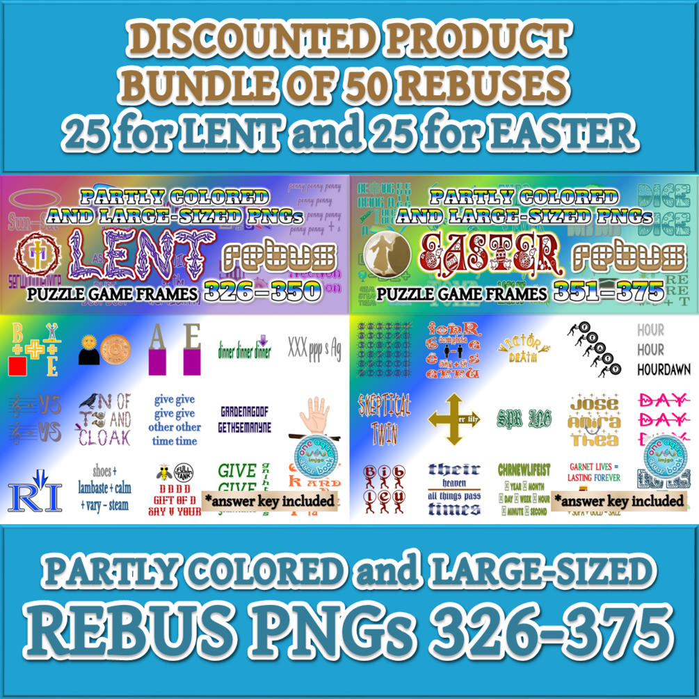 Partly Colored LENT and EASTER Rebus Puzzle Game Frames 326–375 PNGs