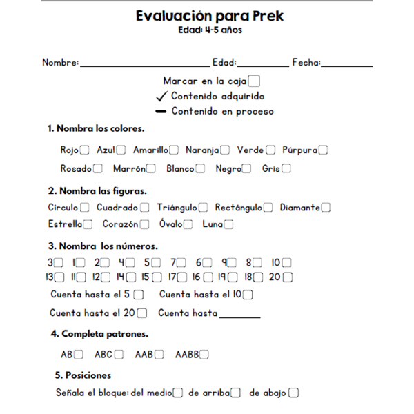 Evaluación para Prek (4-5 años)
