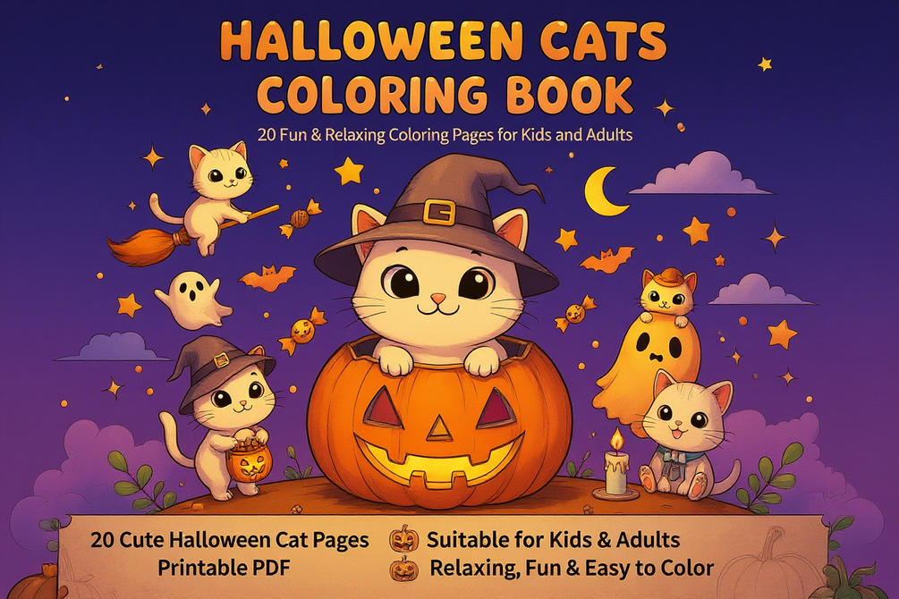 Halloween Cats Coloring Book for Kids & Adults