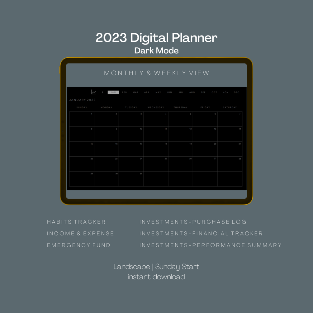 2023 Sunday Start | Dark Mode Digital Dated Planner | Ipad Planner ...