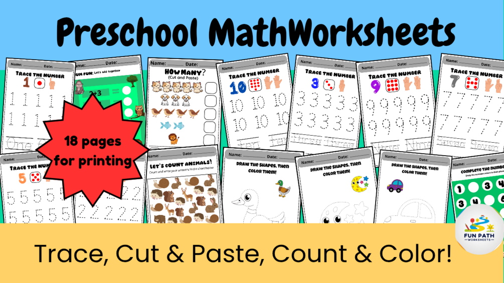 Fun & Easy Math Worksheets for Kids : Trace, Cut & Paste, Count & Color!