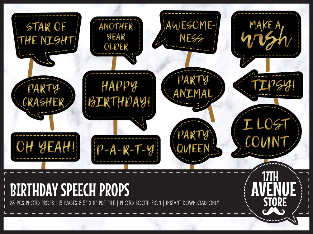 Birthday Speech Photo Booth Props (Black and Gold)