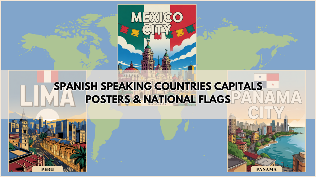 Spanish Speaking Countries Capitals Posters with Flags | Hispanic ...