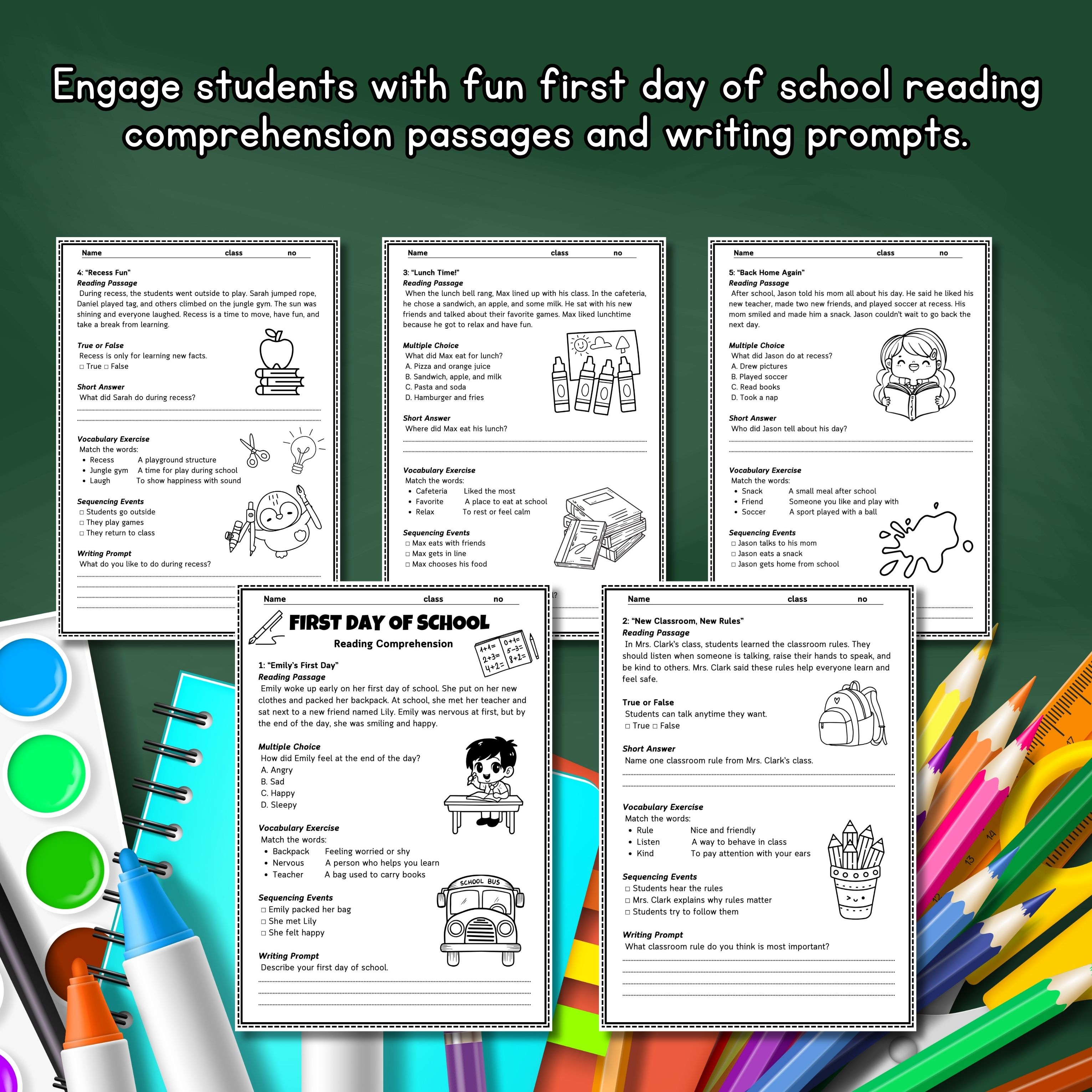 First Day of School Reading Comprehension Worksheets for Grades 2–6 ...