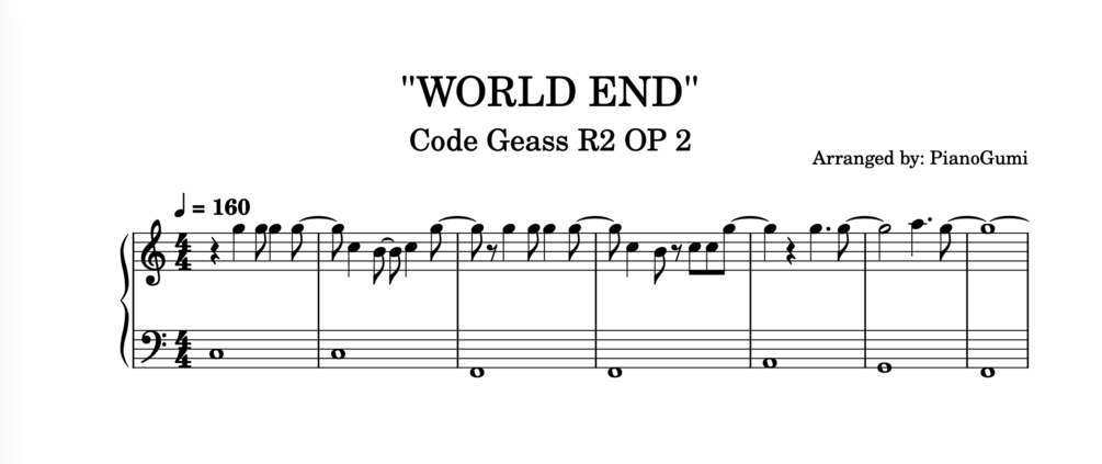 Code Geass Season 2 OP 2 - "WORLD END" - EASY Piano Sheet Music