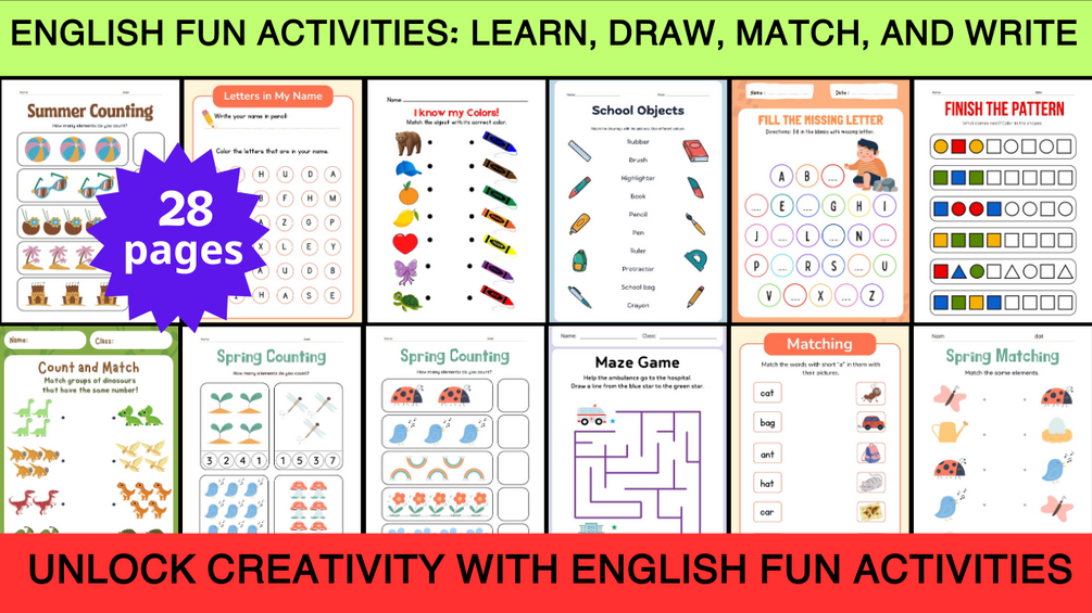 English Fun Activities Learn, Draw, Match, and Write