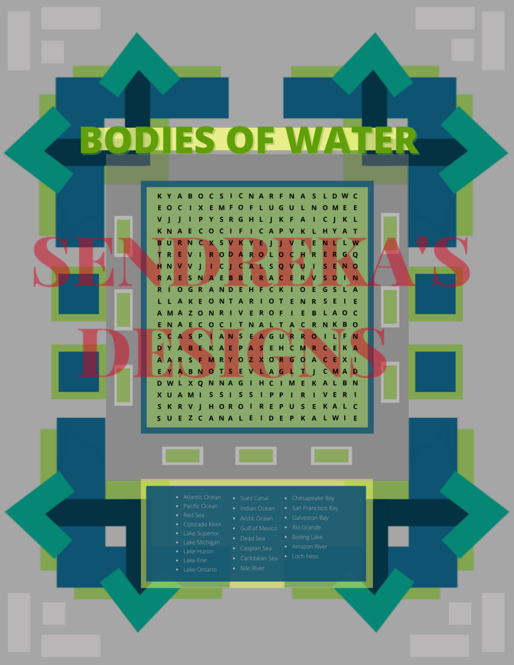 PDF Word Search Puzzle with Bodies of Water Theme