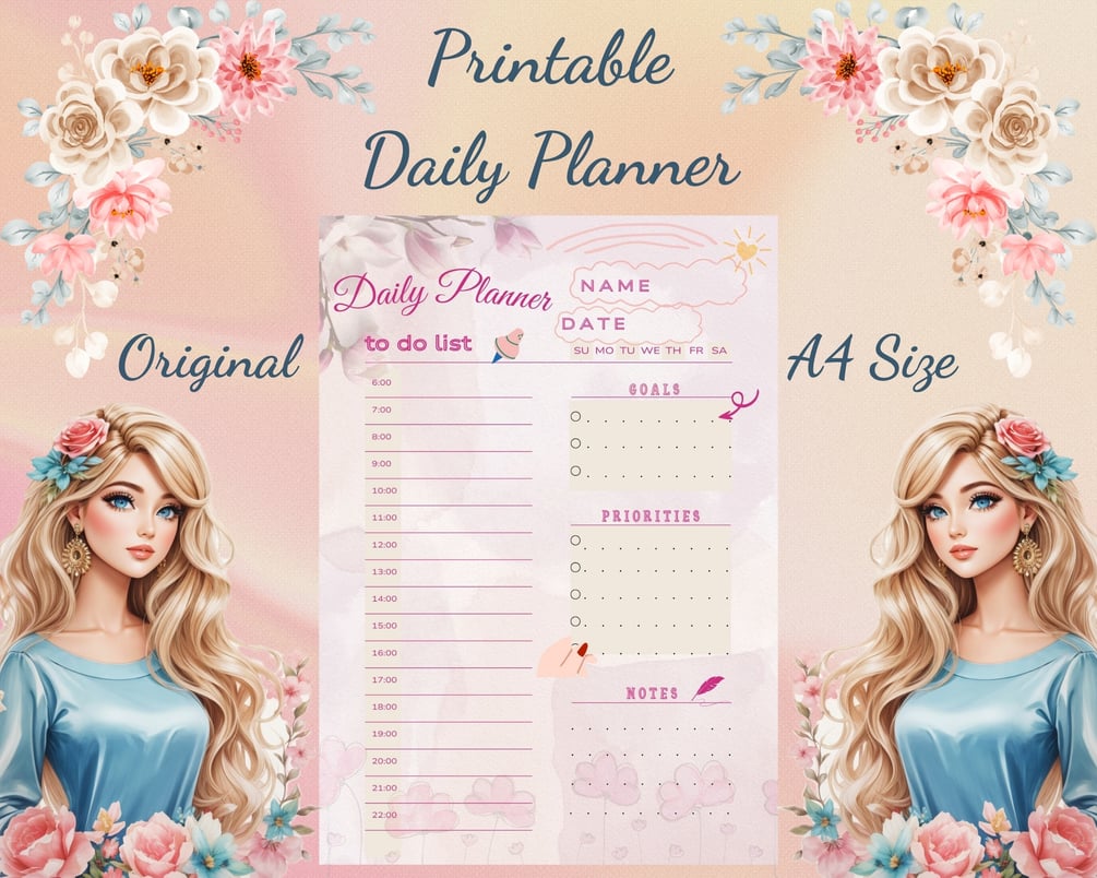 Digital Daily Planner, Pink Flower Daily Planner for Kids, Planner ...